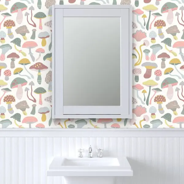 Spoonflower Neutral Mushrooms Neutral Pink Green Whimsical Custom Pre-pasted Wallpaper - Pink,beige
