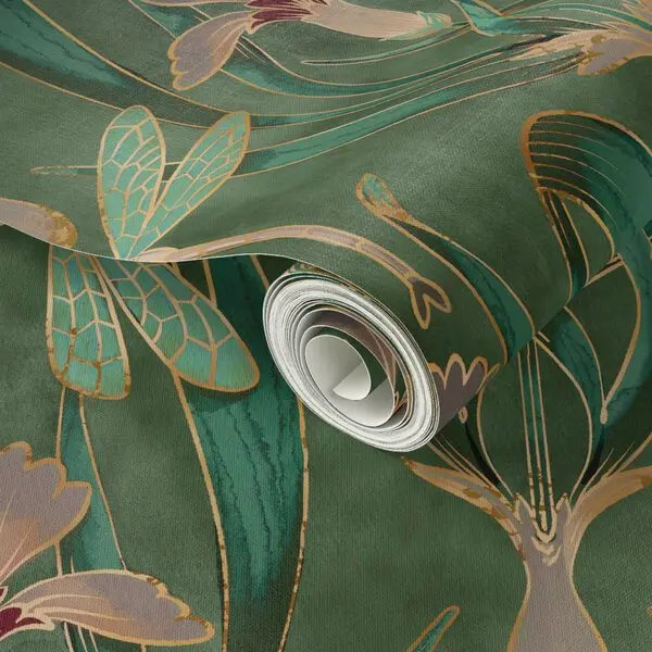 Spoonflower Art Nouveau Deco Emerald Nature Floral Custom Pre-pasted Wallpaper - Green