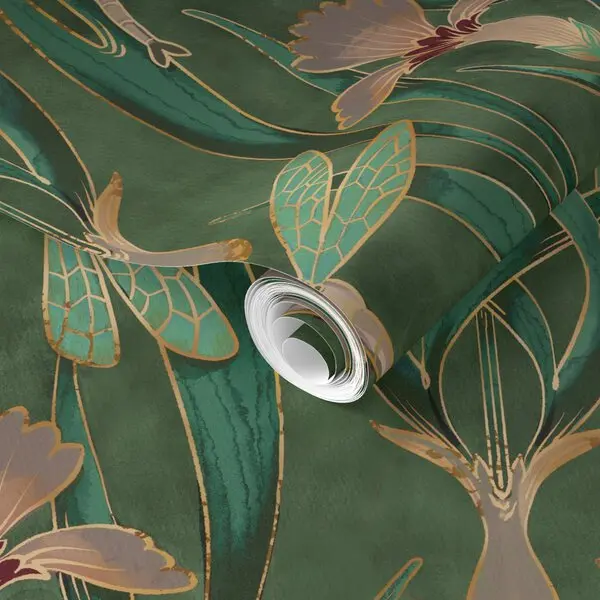 Spoonflower Art Nouveau Deco Emerald Nature Floral Custom Pre-pasted Wallpaper - Green