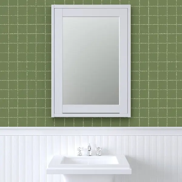 Spoonflower Avocado Windowpane Plaid Weathered Grid Custom Pre-pasted Wallpaper