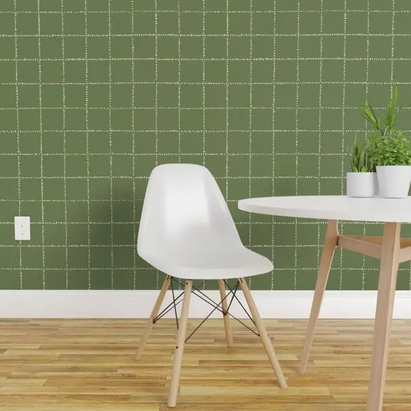 Spoonflower Avocado Windowpane Plaid Weathered Grid Custom Pre-pasted Wallpaper