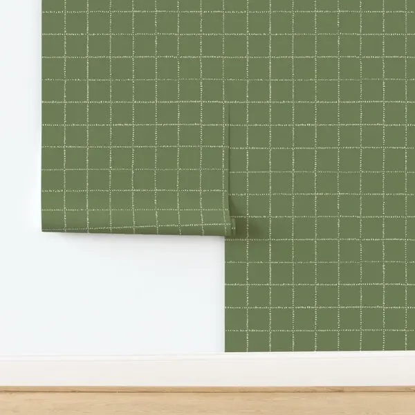 Spoonflower Avocado Windowpane Plaid Weathered Grid Custom Pre-pasted Wallpaper