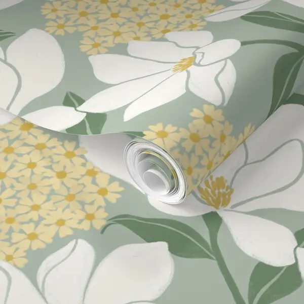 Spoonflower Oversized Floral Sage Green Soft Mustard Southern Traditional Wallpaper - Green,yellow