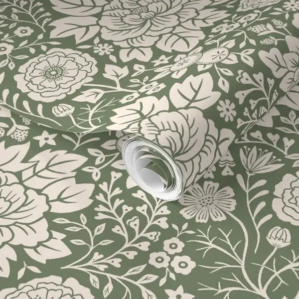 Spoonflower Green Floral Hand Drawn Traditional Classic Custom Pre-pasted Wallpaper - Sage