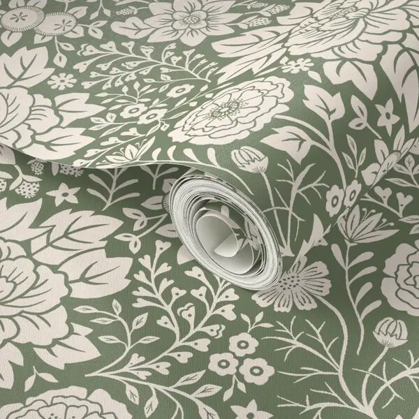 Spoonflower Green Floral Hand Drawn Traditional Classic Custom Pre-pasted Wallpaper - Sage