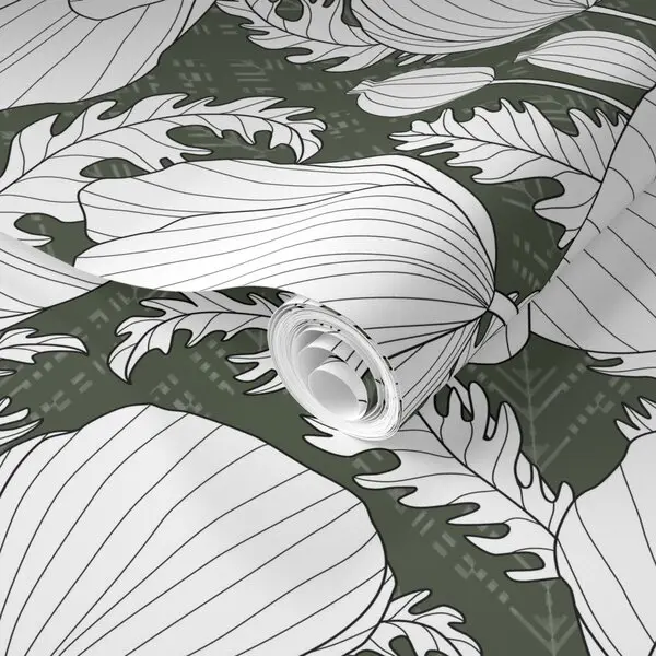 Spoonflower Floral Poppies Boho Flowers Olive Line Custom Pre-pasted Wallpaper - White
