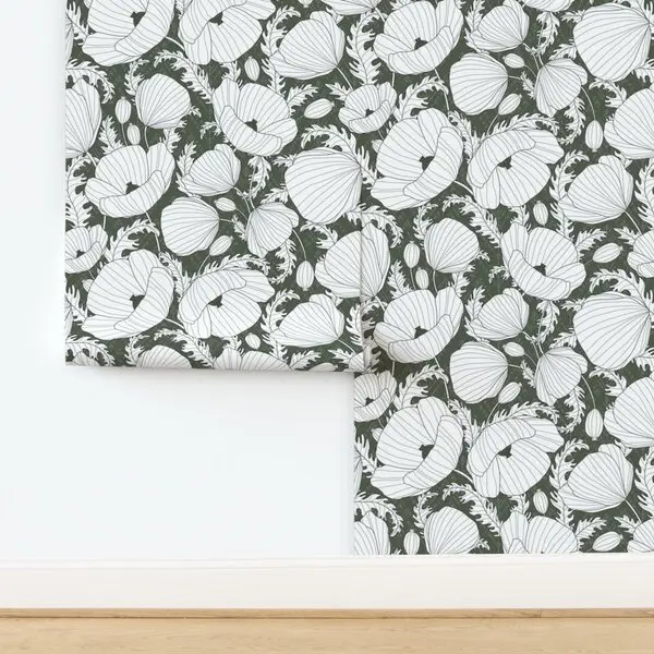 Spoonflower Floral Poppies Boho Flowers Olive Line Custom Pre-pasted Wallpaper - White