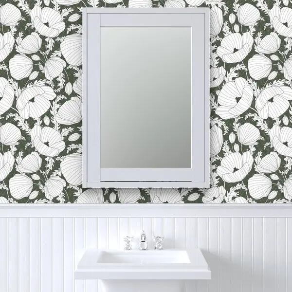 Spoonflower Floral Poppies Boho Flowers Olive Line Custom Pre-pasted Wallpaper - White
