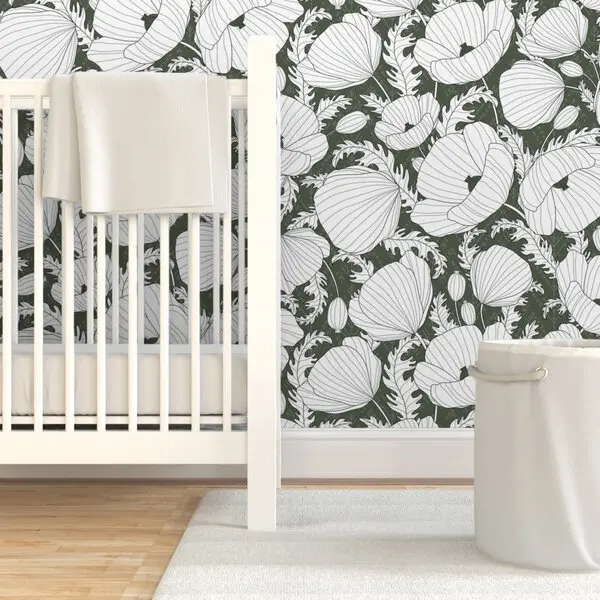 Spoonflower Floral Poppies Boho Flowers Olive Line Custom Pre-pasted Wallpaper - White