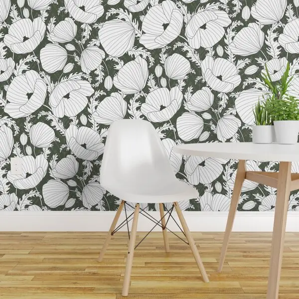 Spoonflower Floral Poppies Boho Flowers Olive Line Custom Pre-pasted Wallpaper - White