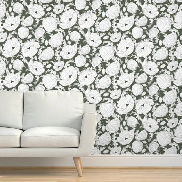 Spoonflower Floral Poppies Boho Flowers Olive Line Custom Pre-pasted Wallpaper - White