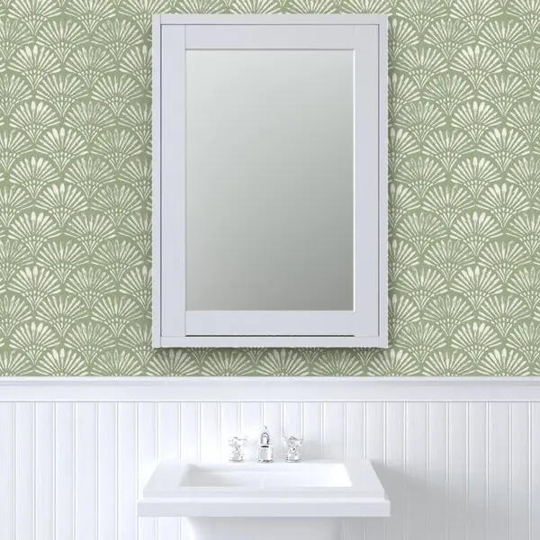 Spoonflower Weathered Art Deco Green Cream Distressed Custom Pre-pasted Wallpaper - Sage