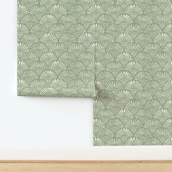 Spoonflower Weathered Art Deco Green Cream Distressed Custom Pre-pasted Wallpaper - Sage
