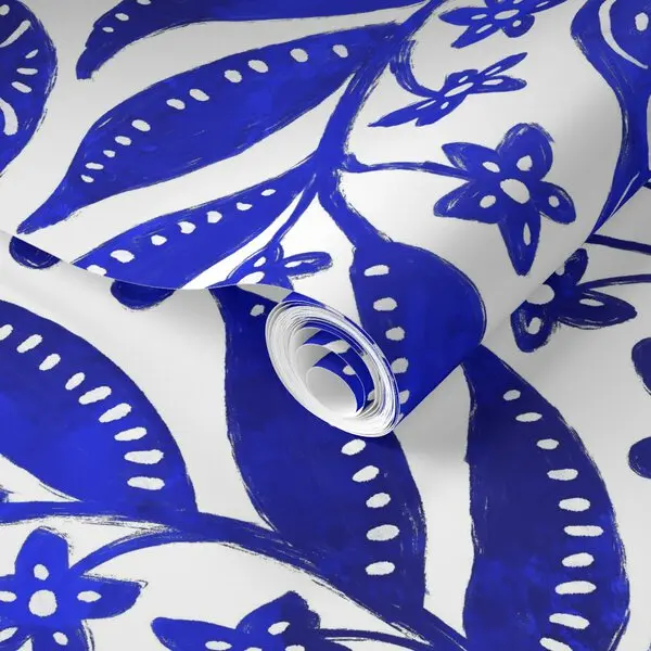 Spoonflower Cobalt Botanical Bright White Indian Floral Custom Pre-pasted Wallpaper - Blue