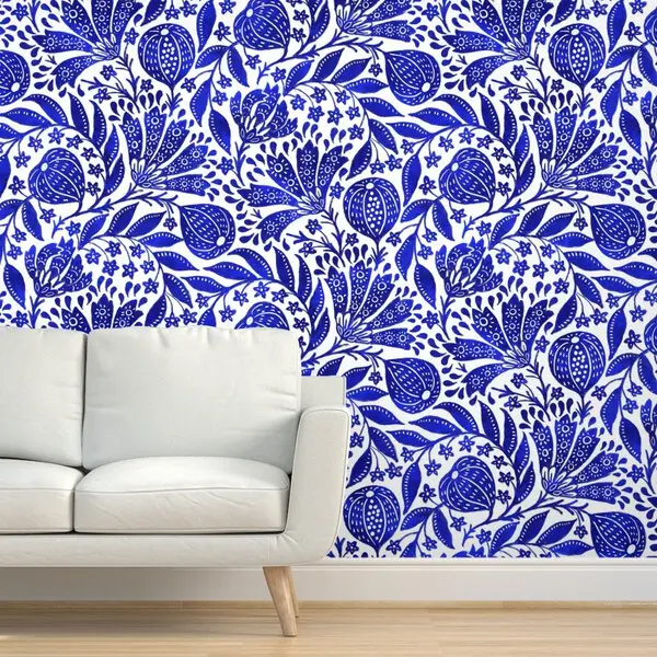 Spoonflower Cobalt Botanical Bright White Indian Floral Custom Pre-pasted Wallpaper - Blue