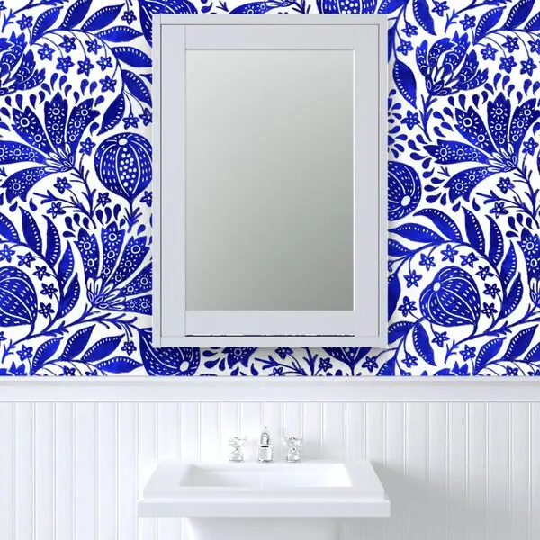 Spoonflower Cobalt Botanical Bright White Indian Floral Custom Pre-pasted Wallpaper - Blue