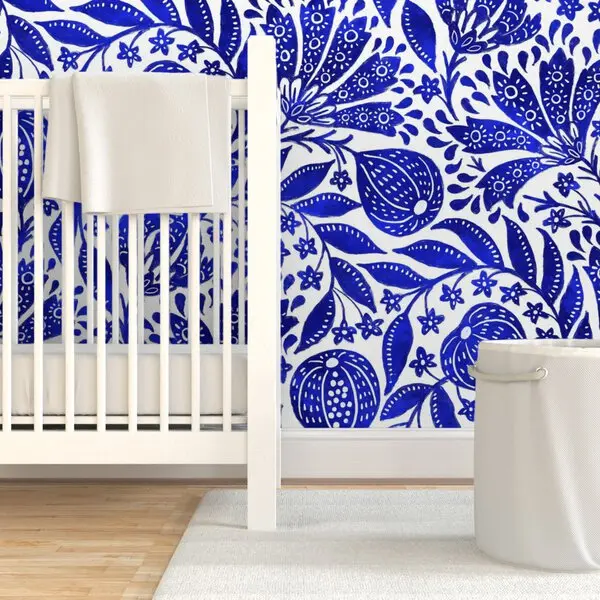 Spoonflower Cobalt Botanical Bright White Indian Floral Custom Pre-pasted Wallpaper - Blue