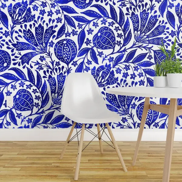 Spoonflower Cobalt Botanical Bright White Indian Floral Custom Pre-pasted Wallpaper - Blue