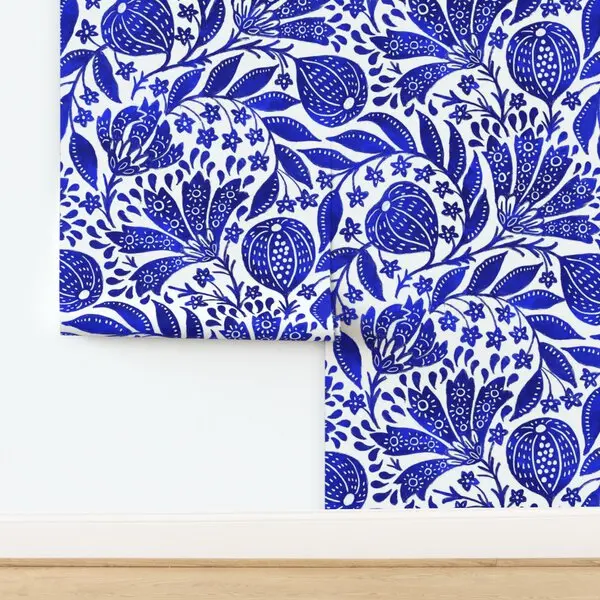 Spoonflower Cobalt Botanical Bright White Indian Floral Custom Pre-pasted Wallpaper - Blue