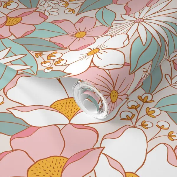 Spoonflower Daisy Botanical Anemone Pink Teal Beige Jumbo Custom Pre-pasted Wallpaper - Pink,teal,beige