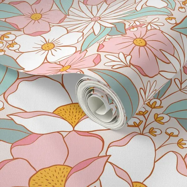 Spoonflower Daisy Botanical Anemone Pink Teal Beige Jumbo Custom Pre-pasted Wallpaper - Pink,teal,beige