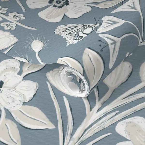 Spoonflower Soft Blue Floral Cream Flowers Wildflower Garden Traditional Wallpaper - White,blue