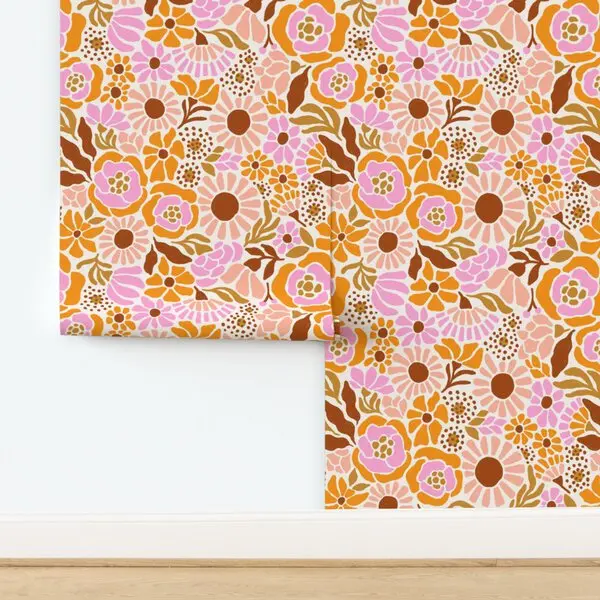 Spoonflower Botanical Funky Vintage Retro Rose 60s 70s Custom Pre-pasted Wallpaper - Orange