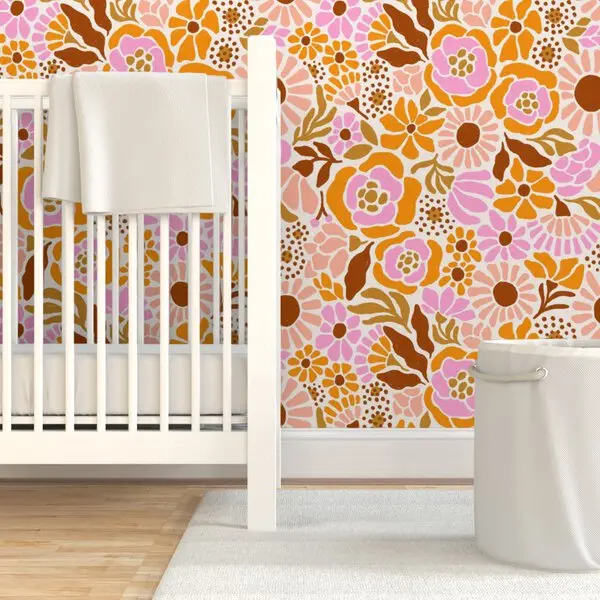 Spoonflower Botanical Funky Vintage Retro Rose 60s 70s Custom Pre-pasted Wallpaper - Orange