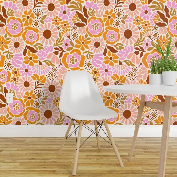Spoonflower Botanical Funky Vintage Retro Rose 60s 70s Custom Pre-pasted Wallpaper - Orange