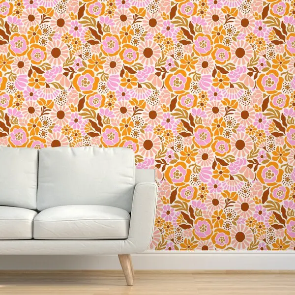 Spoonflower Botanical Funky Vintage Retro Rose 60s 70s Custom Pre-pasted Wallpaper - Orange