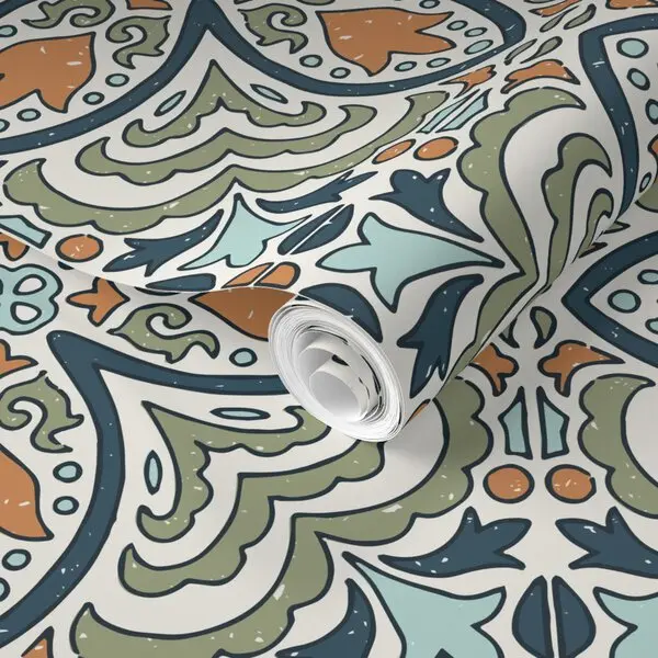 Spoonflower Floral Geometric Tile Italian Distressed Custom Pre-pasted Wallpaper - Blue