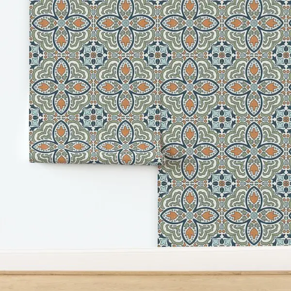 Spoonflower Floral Geometric Tile Italian Distressed Custom Pre-pasted Wallpaper