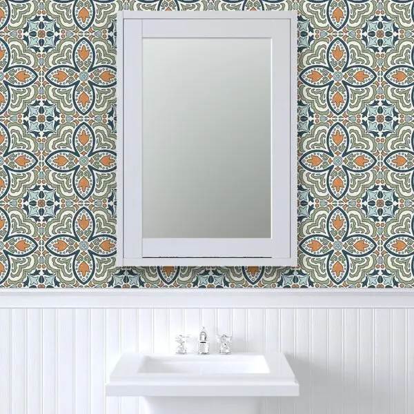 Spoonflower Floral Geometric Tile Italian Distressed Custom Pre-pasted Wallpaper