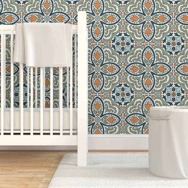 Spoonflower Floral Geometric Tile Italian Distressed Custom Pre-pasted Wallpaper