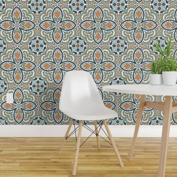 Spoonflower Floral Geometric Tile Italian Distressed Custom Pre-pasted Wallpaper