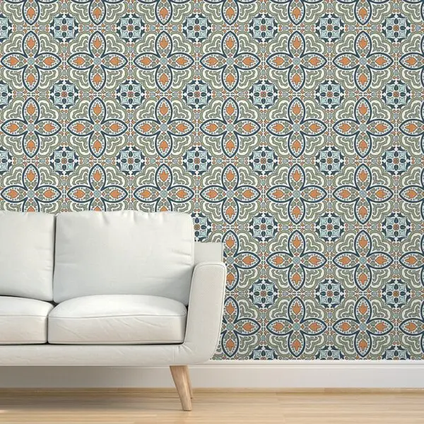 Spoonflower Floral Geometric Tile Italian Distressed Custom Pre-pasted Wallpaper