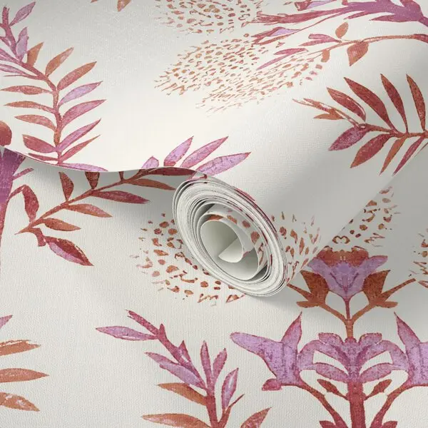 Spoonflower Boho Flowers Watercolor Botanical Custom Pre-pasted Wallpaper - Pink