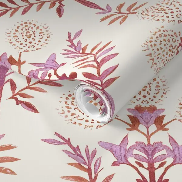 Spoonflower Boho Flowers Watercolor Botanical Custom Pre-pasted Wallpaper - Pink
