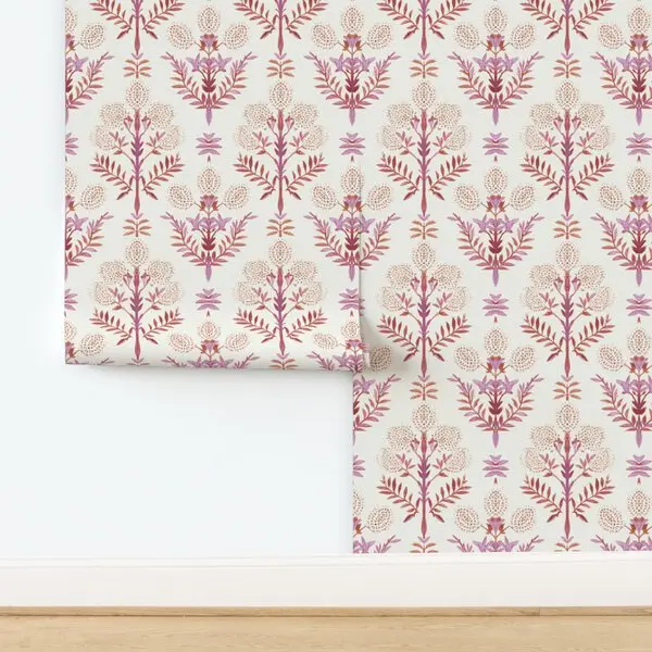 Spoonflower Boho Flowers Watercolor Botanical Custom Pre-pasted Wallpaper - Pink
