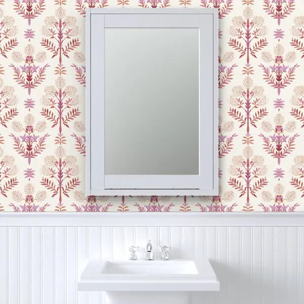 Spoonflower Boho Flowers Watercolor Botanical Custom Pre-pasted Wallpaper - Pink