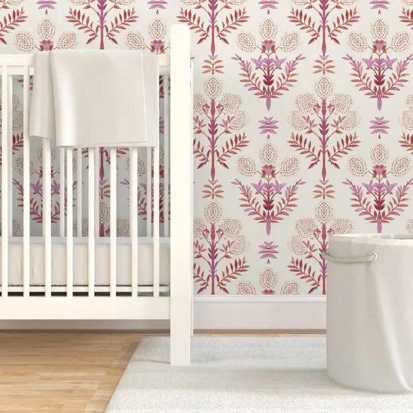 Spoonflower Boho Flowers Watercolor Botanical Custom Pre-pasted Wallpaper - Pink