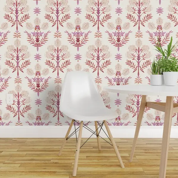 Spoonflower Boho Flowers Watercolor Botanical Custom Pre-pasted Wallpaper - Pink