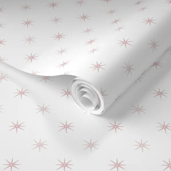Spoonflower White Geometric Classic Kitsch Star Retro Custom Pre-pasted Wallpaper - Pink