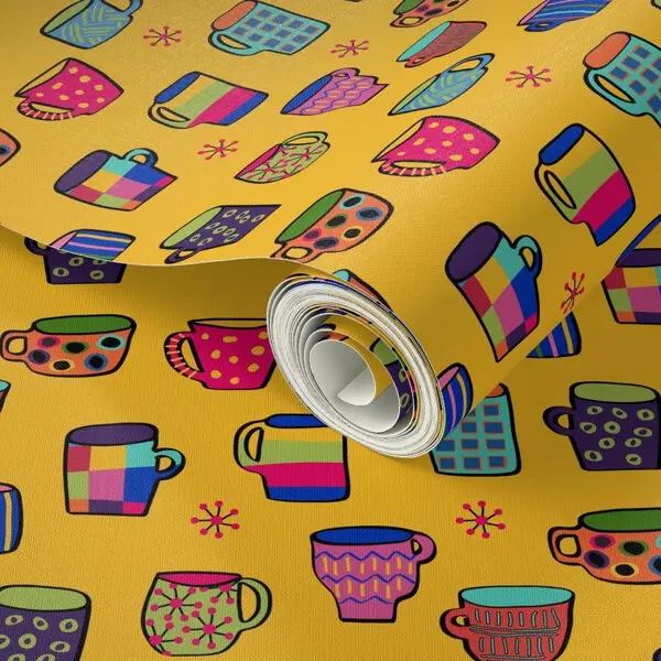 Spoonflower Whimsical Kitchen Mug Coffee Cup Kitsch Tea Custom Pre-pasted Wallpaper - Yellow