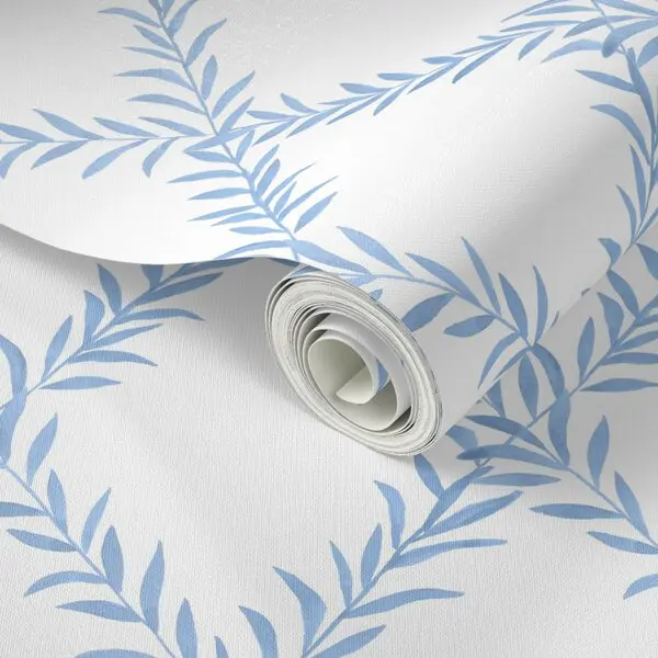 Spoonflower Trellis Botanical Fern Floral Geometric Custom Pre-pasted Wallpaper - Blue