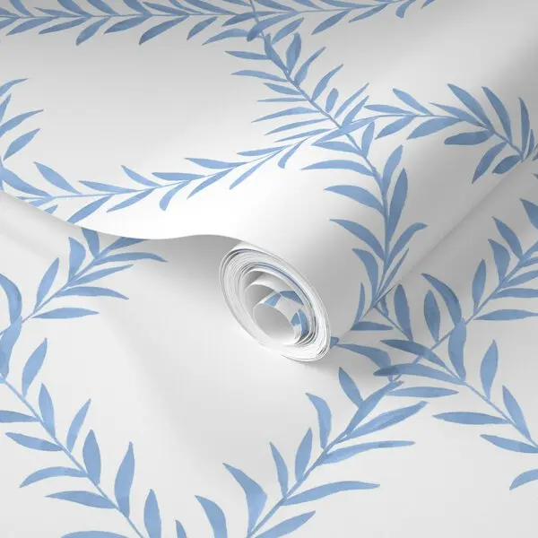 Spoonflower Trellis Botanical Fern Floral Geometric Custom Pre-pasted Wallpaper - Blue