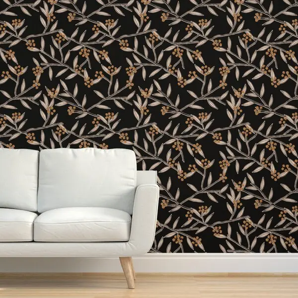 Spoonflower Large Berry Botanical Black Gold 100% Natural Sisal Grasscloth Wallcovering - Brown,gray