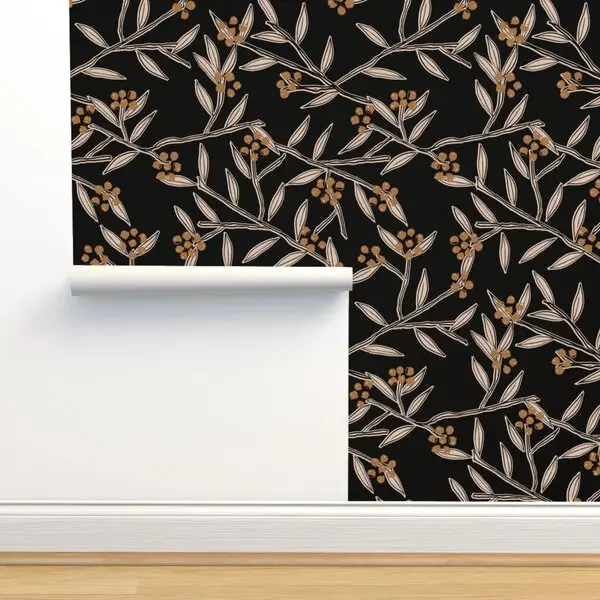 Spoonflower Large Berry Botanical Black Gold 100% Natural Sisal Grasscloth Wallcovering - Brown,gray