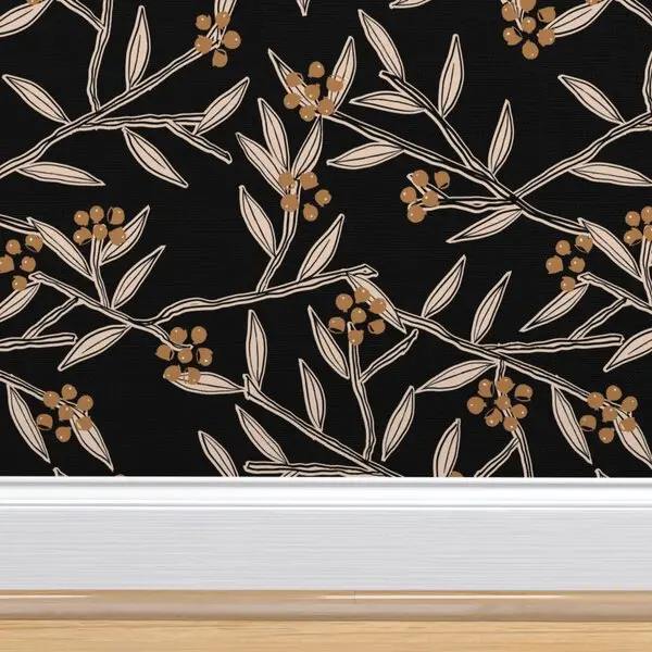 Spoonflower Large Berry Botanical Black Gold 100% Natural Sisal Grasscloth Wallcovering - Brown,gray