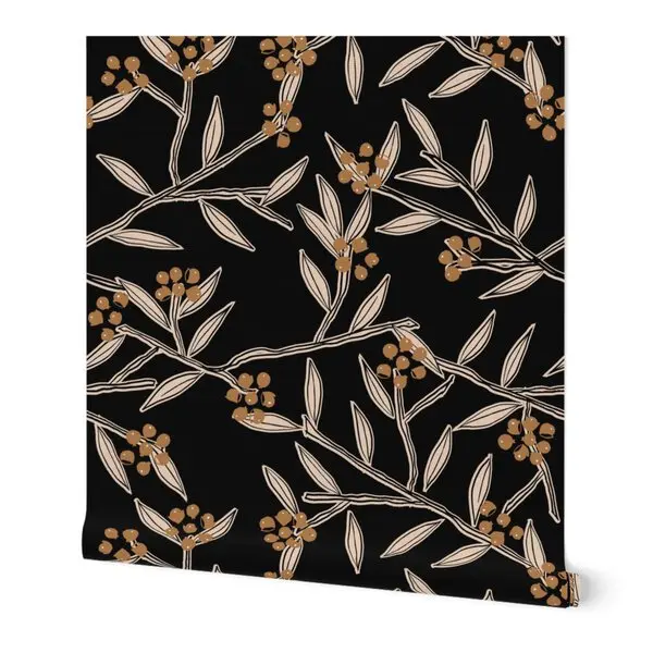 Spoonflower Large Berry Botanical Black Gold 100% Natural Sisal Grasscloth Wallcovering - Brown,gray
